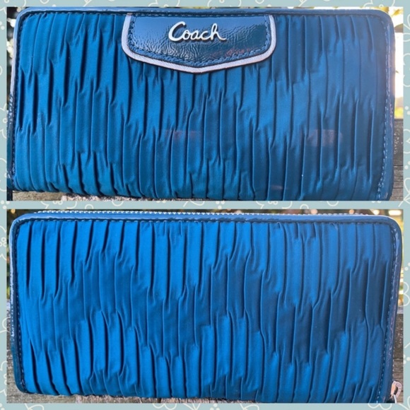 Coach | Bags | Coach Scrunched Teal Blue Satin Silk Wallet | Poshmark